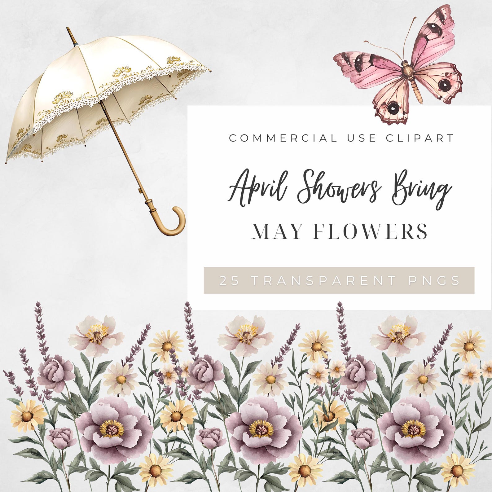 Vintage Floral Clipart | Pastel Spring Flowers, Rain, Umbrella (PNG) - Etsy