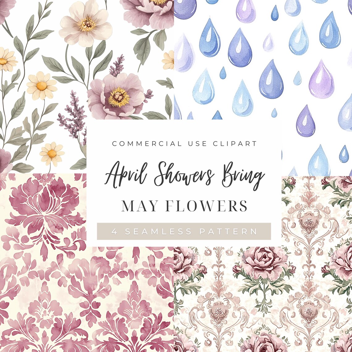 Vintage Floral Clipart | Pastel Spring Flowers, Rain, Umbrella (PNG) - Etsy