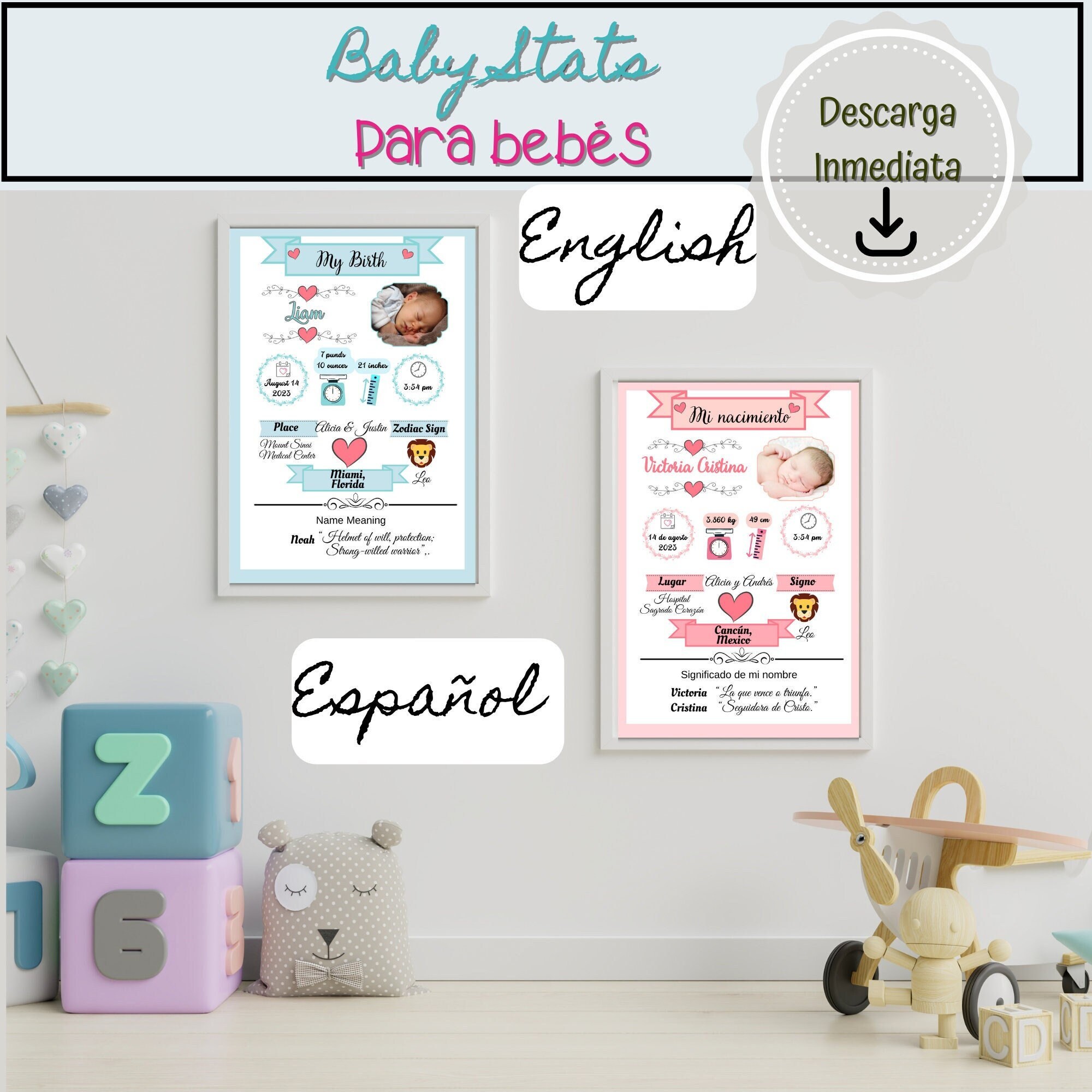 Baby Birth Stat Sign Spanish and English, Birth Information Wall Art ...