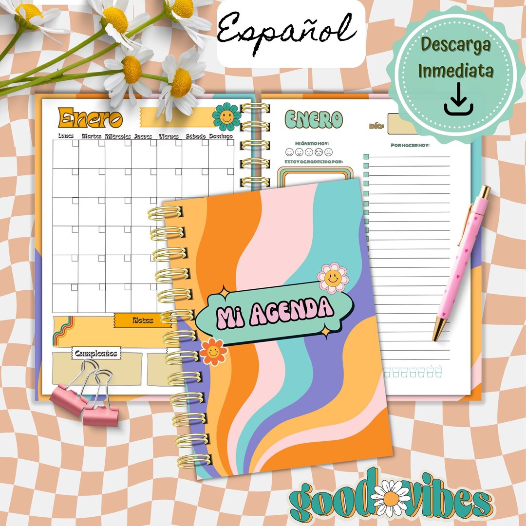 Groovy Agenda Without Date in Spanish, Retro Printable Agenda Without ...