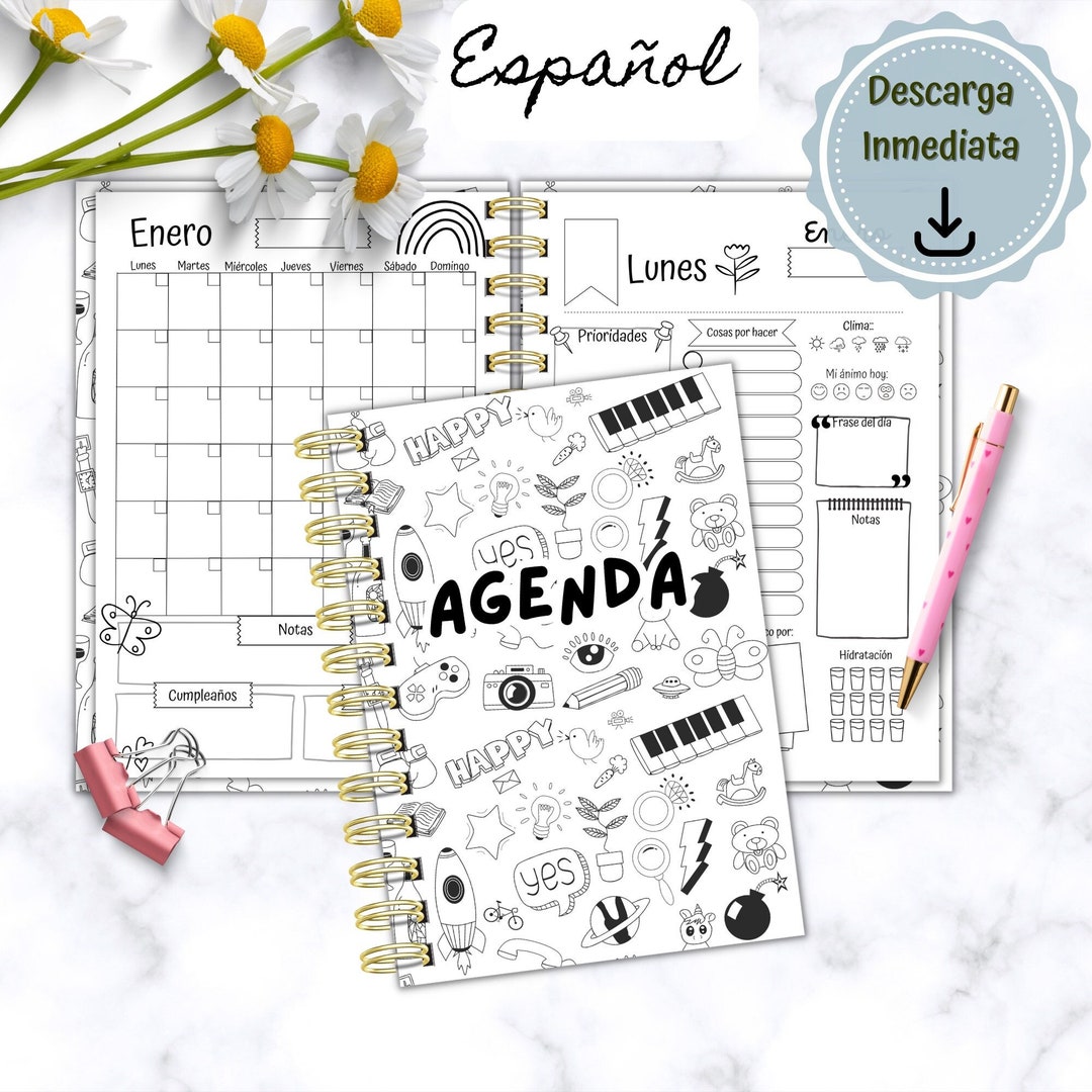 Agenda Doodle sin Fecha en Español, Agenda Imprimible sin Fecha, Agenda ...