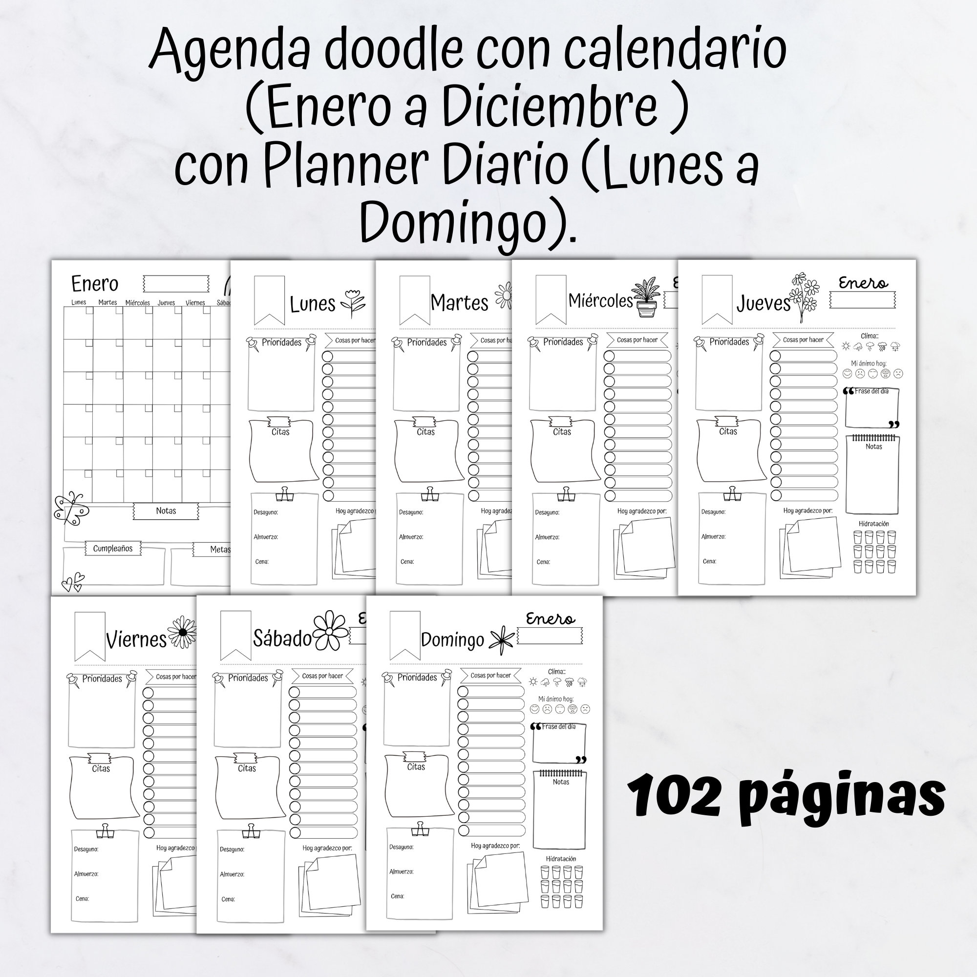 Agenda Doodle sin Fecha en Español, Agenda Imprimible sin Fecha, Agenda ...