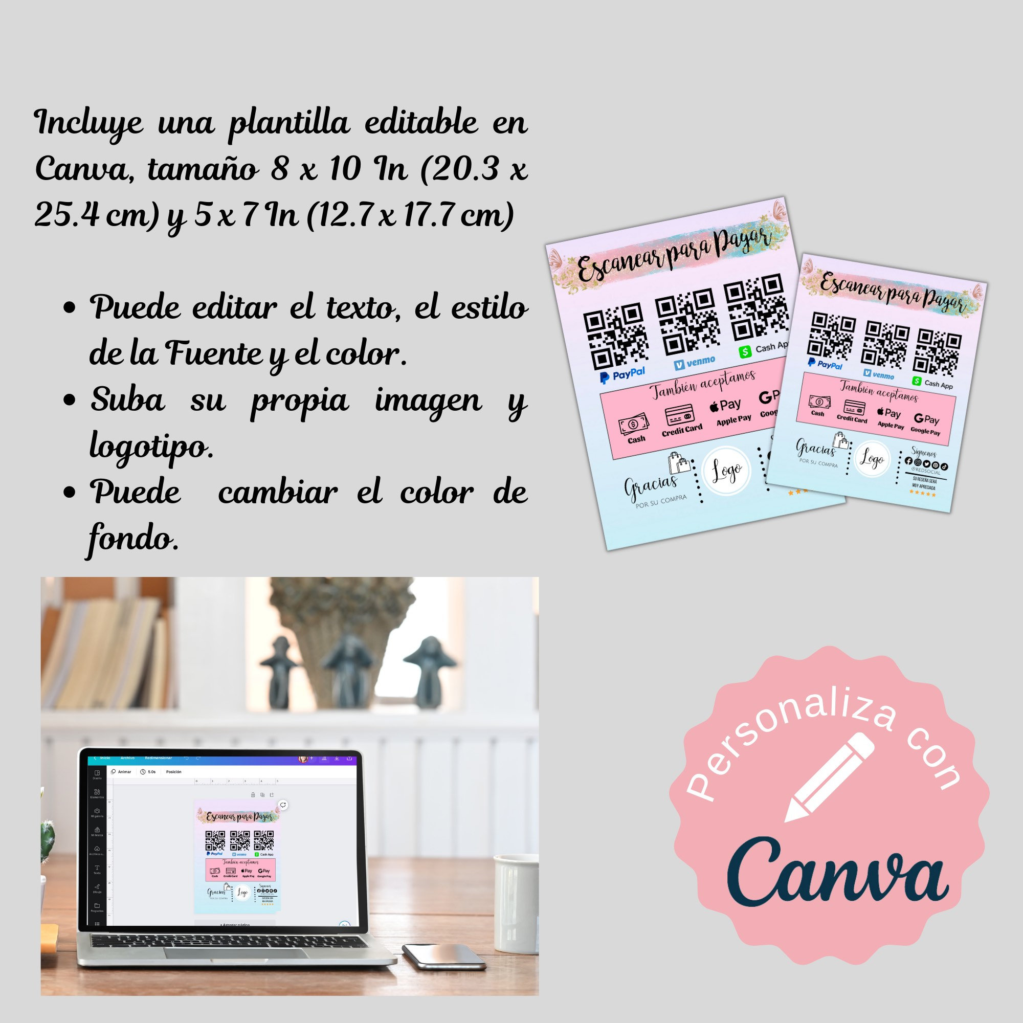 Spanish Editable Scan to Pay, QR Code, Cashapp Paypal Venmo, Editable ...