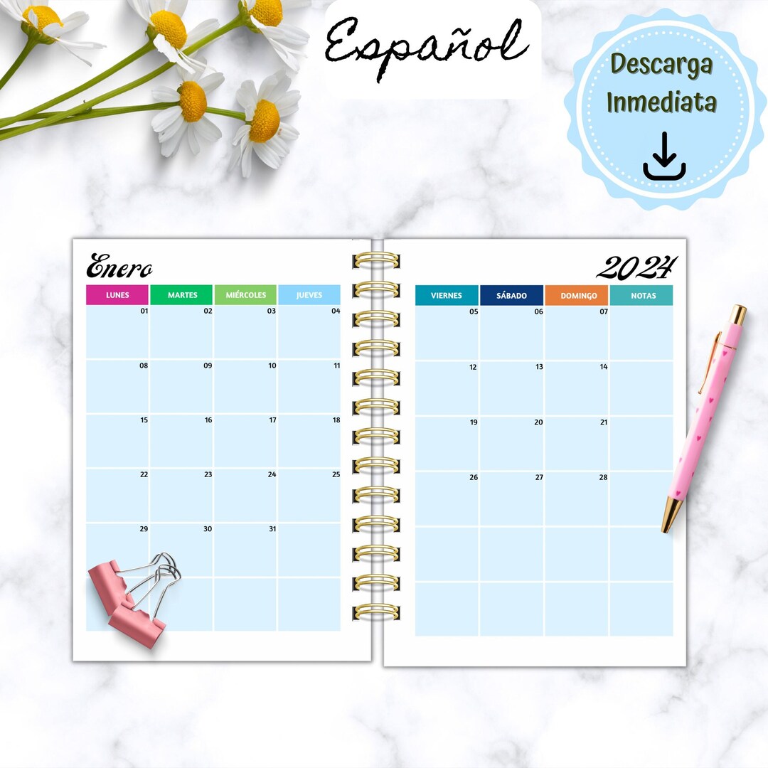 Colorful Spanish Calendar 2024, Printable Monthly Planner 2024, Blue ...