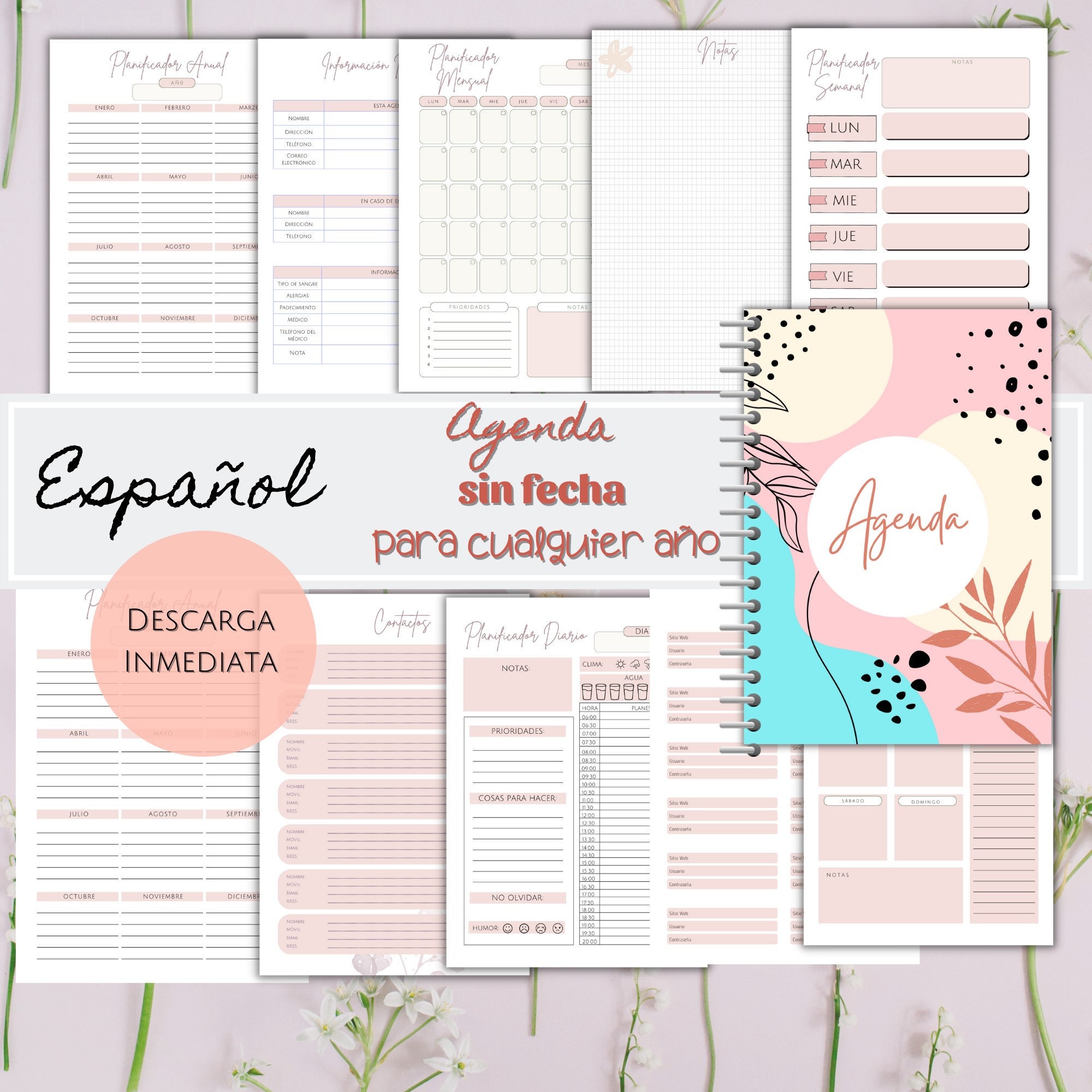 Planificador español sin fecha AGENDA PERPETUA Imprimible - Etsy España
