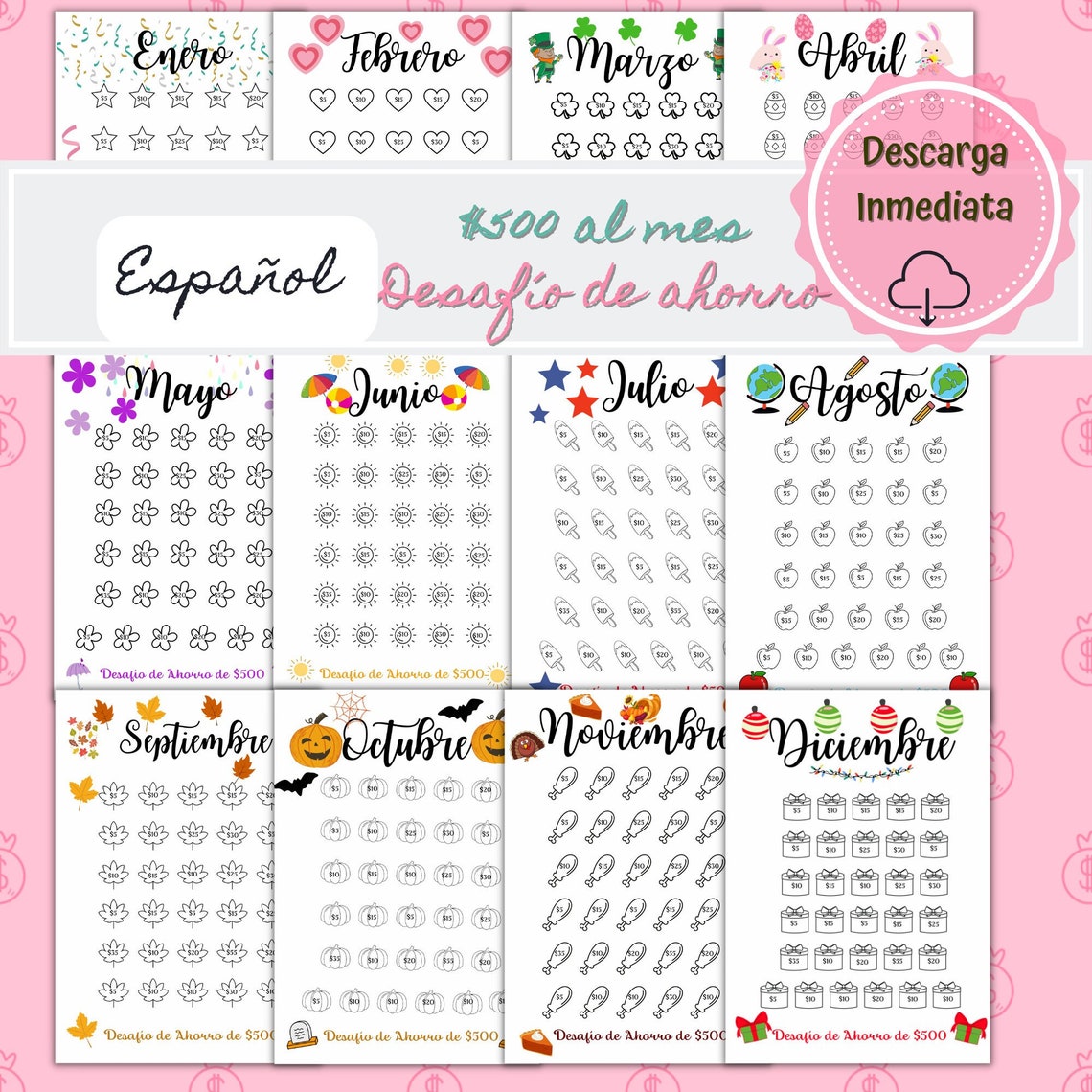 Monthly Savings Challenge in Spanish, Spanish Saving Tracker, Printable ...