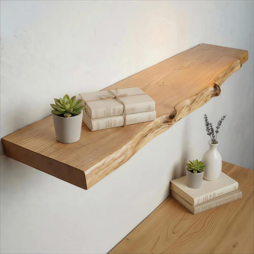 Floating Live Edge Shelf - French Chestnut Wood, Rustic Wall Shelf ...