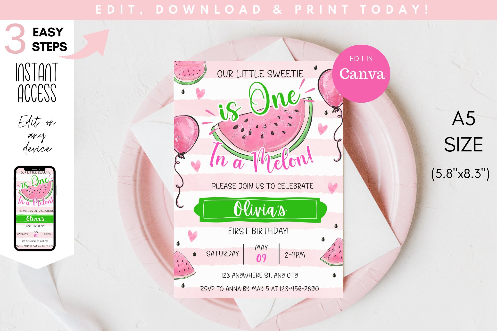 Editable Watermelon Invitation, Birthday Invitations, Editable ...