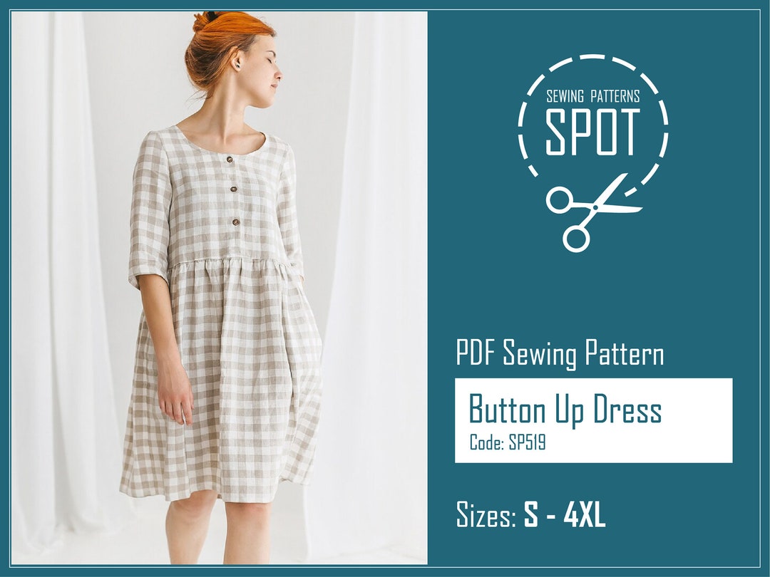 Button up Midi Dress With 3/4 Sleeves, PDF Sewing Pattern, Instant ...