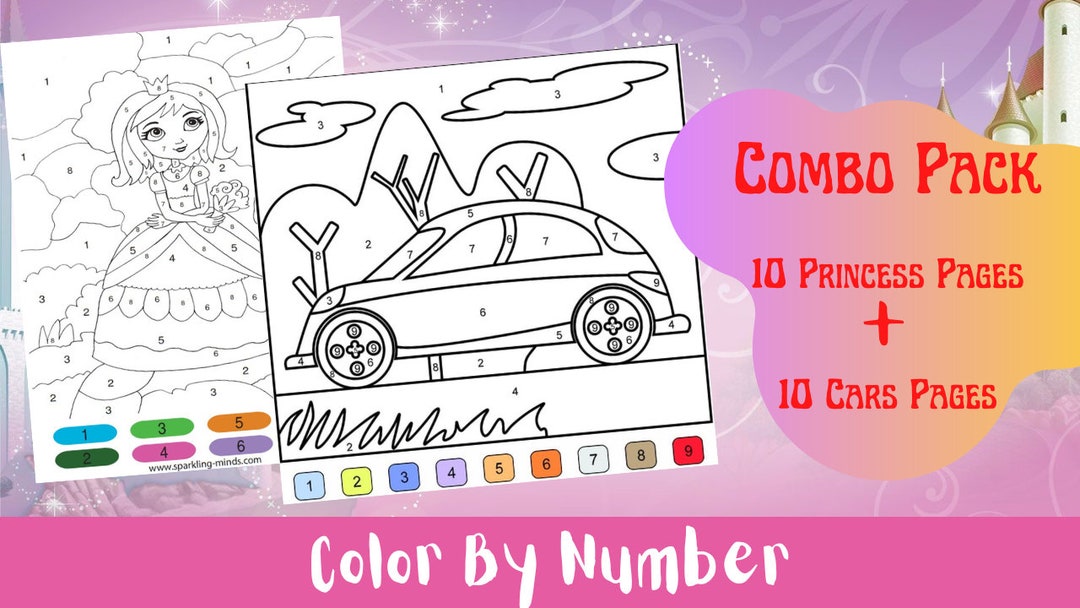 Color by Number - Princess Plus Cars - 20 Digital Coloring Pages - for ...