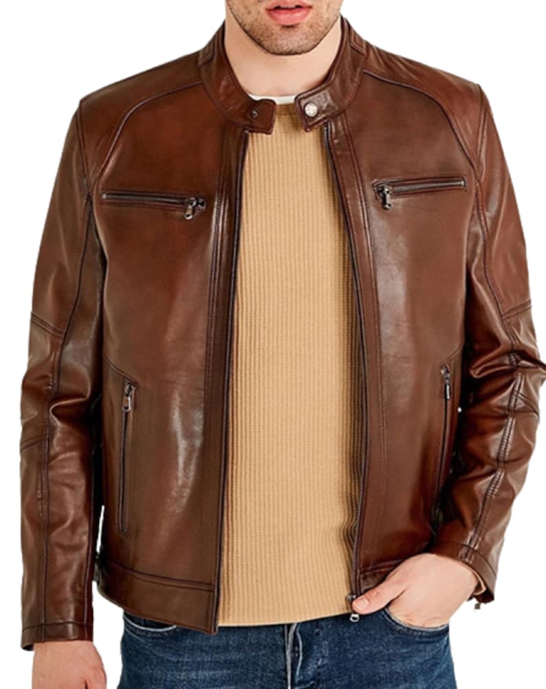 Men's Brown Vintage Biker Cafe Racer Genuine Leather Jacket Handmade ...