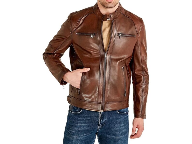 Men's Brown Vintage Biker Cafe Racer Genuine Leather Jacket Handmade ...