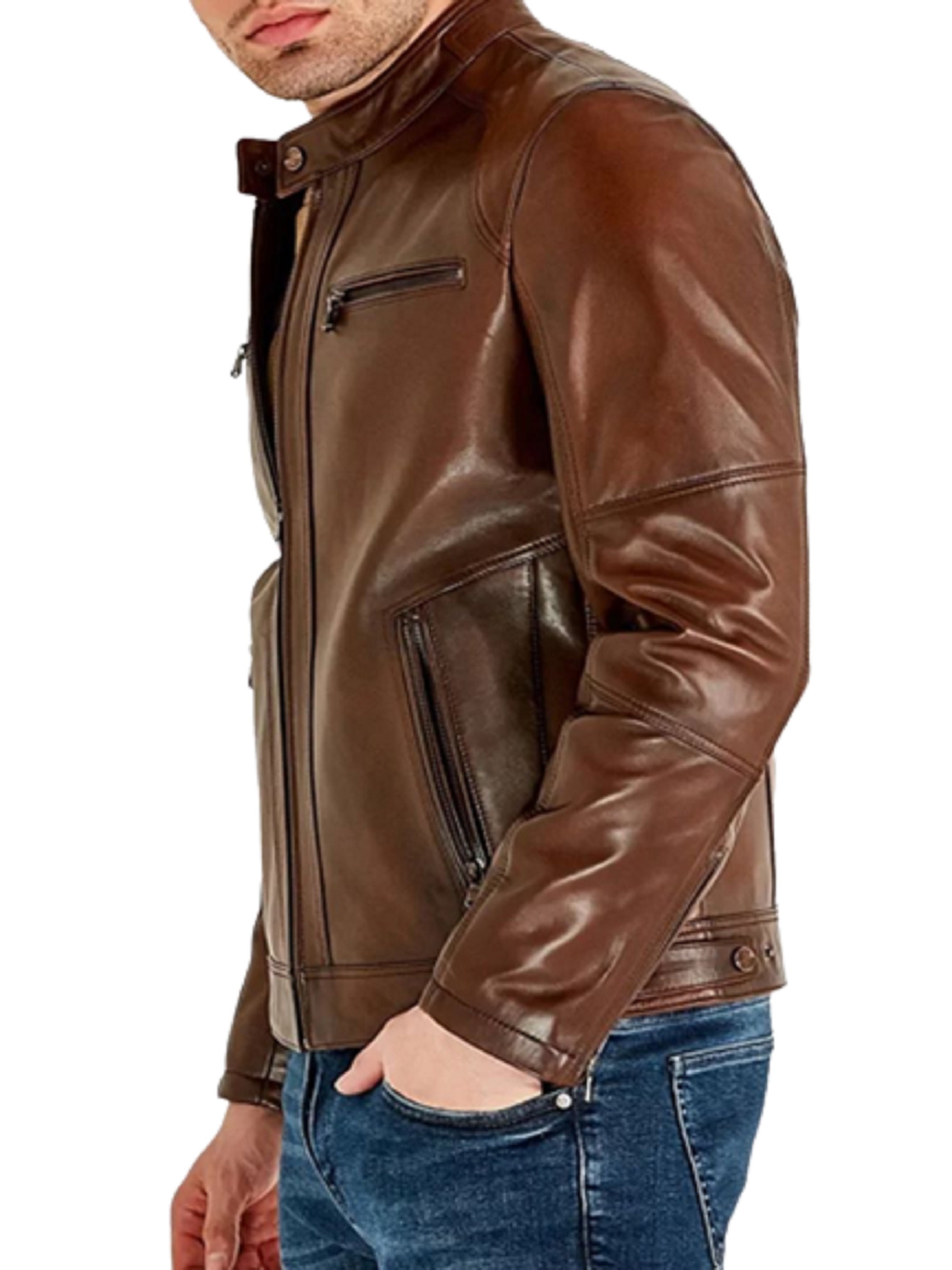 Men's Brown Vintage Biker Cafe Racer Genuine Leather Jacket Handmade ...