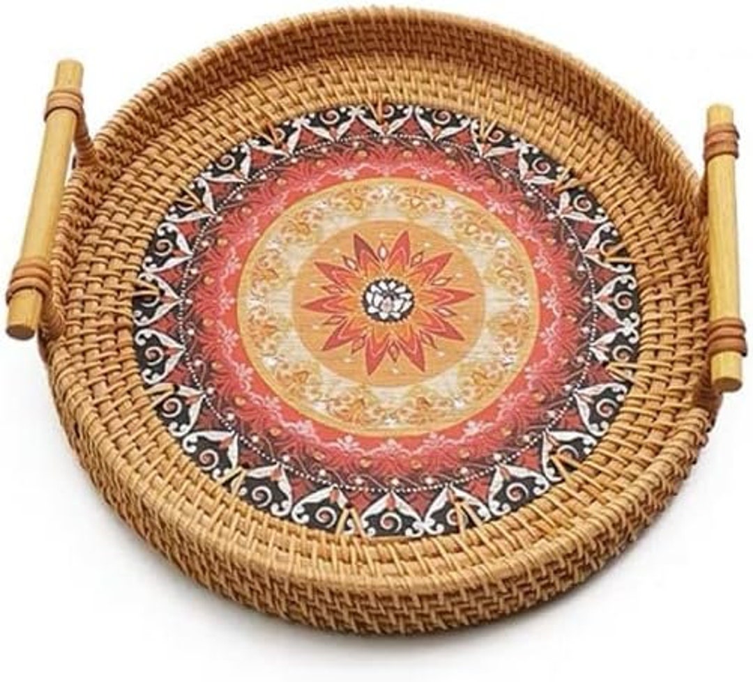 Artisanal Round Rattan Wicker Tray Baskets With Hand-painted - Etsy