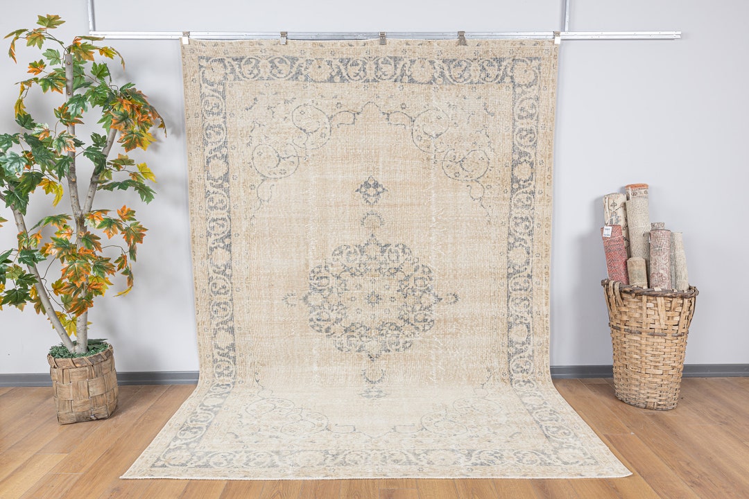 Vintage Cream Turkish Rug for Living Room 7x10 L Biege&grey Anatolian ...