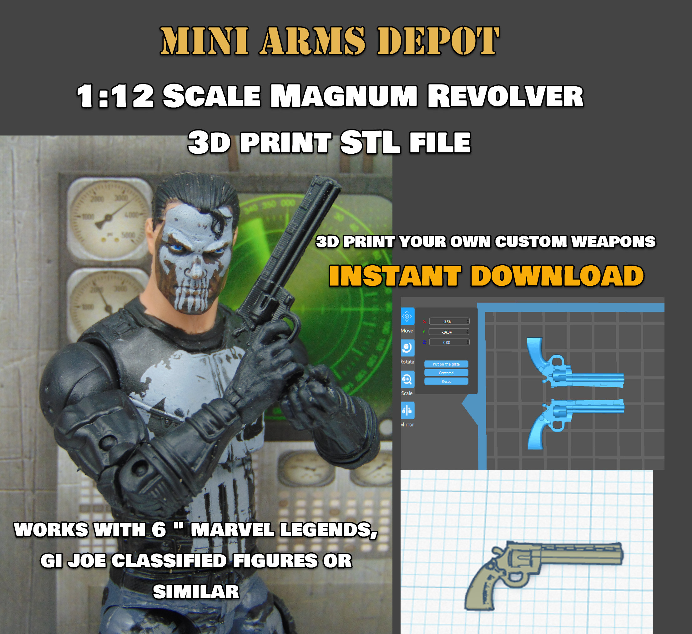 Custom 1:12 Scale Magnum Revolver Gun Accessory 3D Print File STL for ...