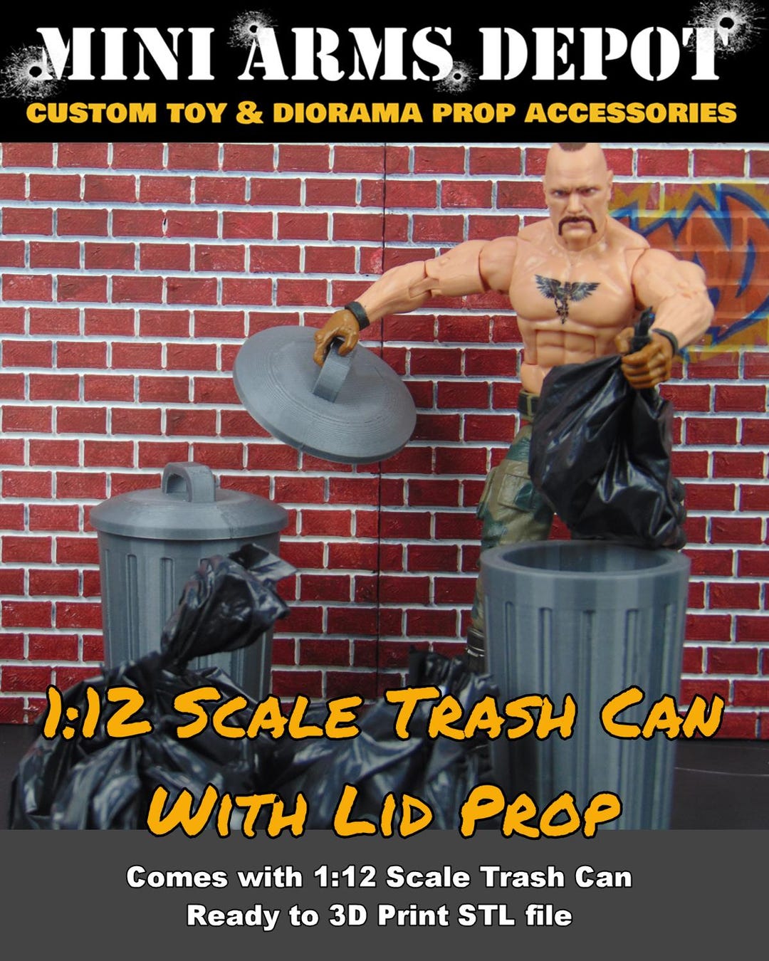 Custom 1:12 Scale Trash Can With Lid Alleyway Prop Display Set 3D ...