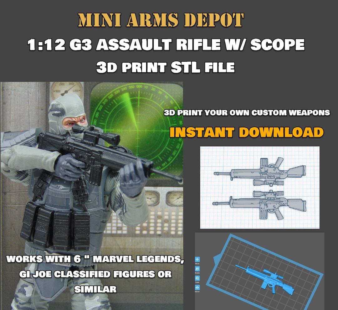 Custom 1:12 Scale Gun G3 Assault Rifle With Scope 3D Print File STL for ...