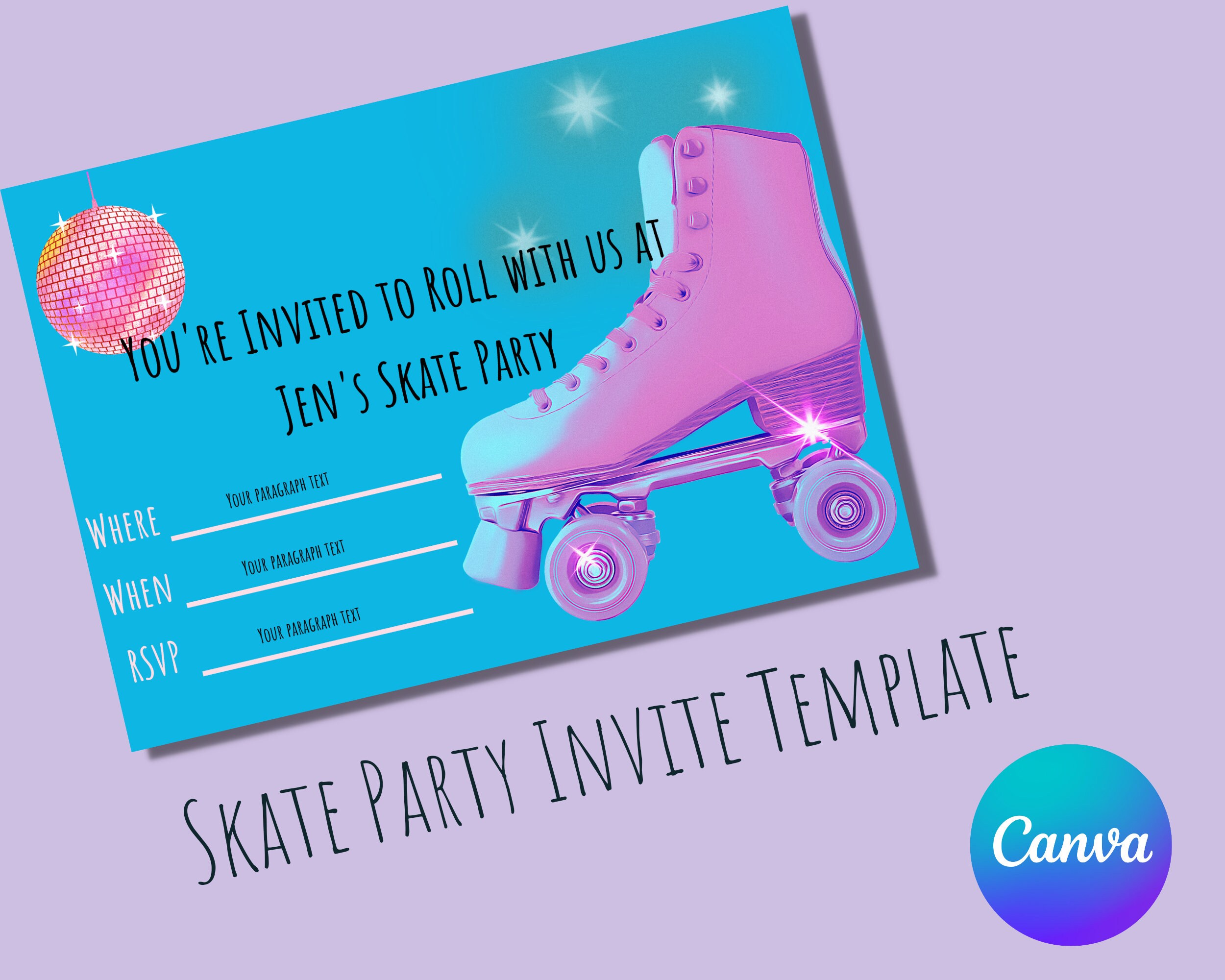 Skate Party Invitation 7"x5", Digital Canva Template, Printable ...
