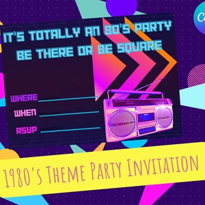 EDITABLE 1980's Theme Party Invitation 7"x5", Digital Canva Template ...