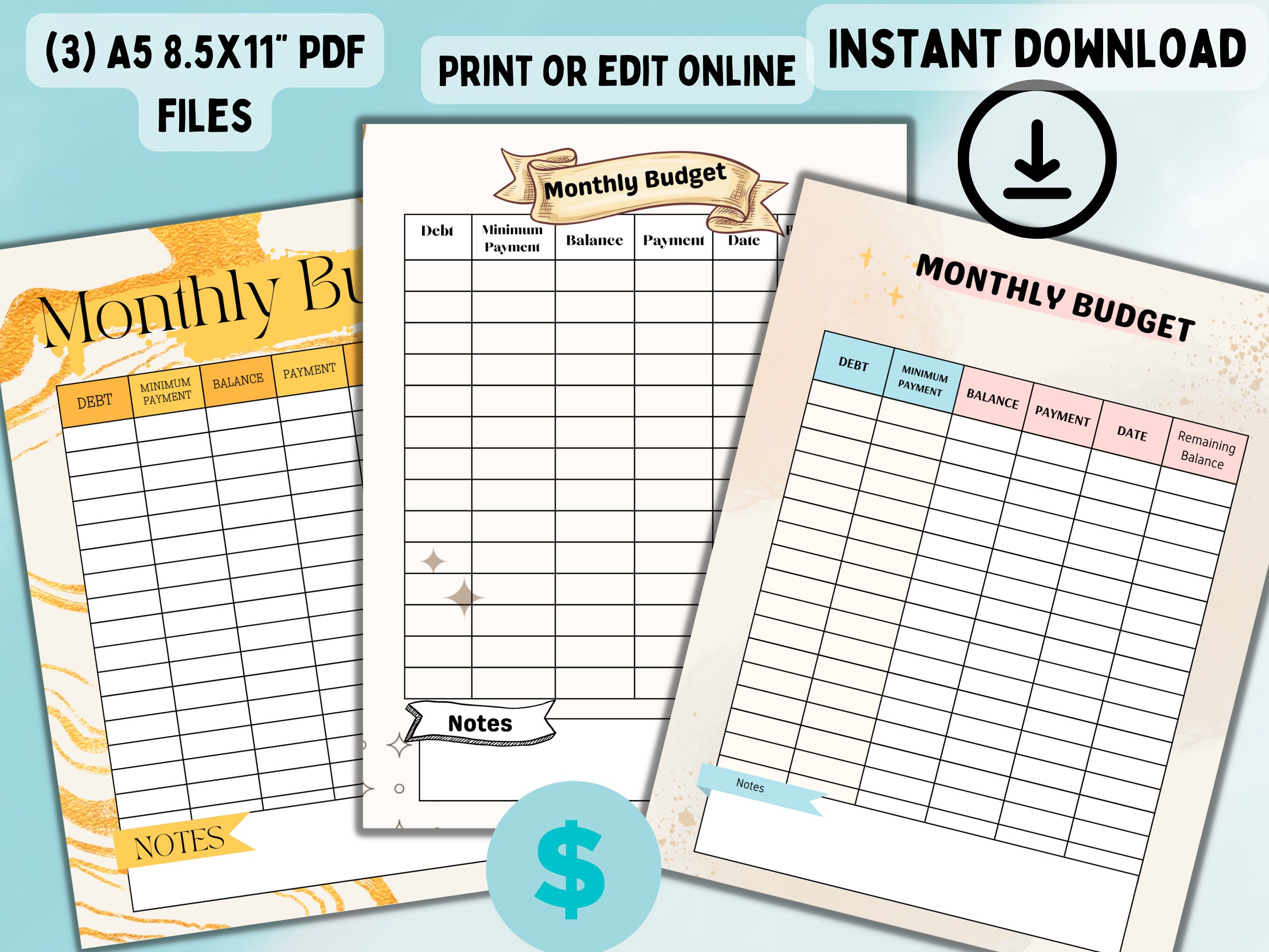 Monthly Budget Bundle Pack, Three Unique Designs, Printable or Digital ...