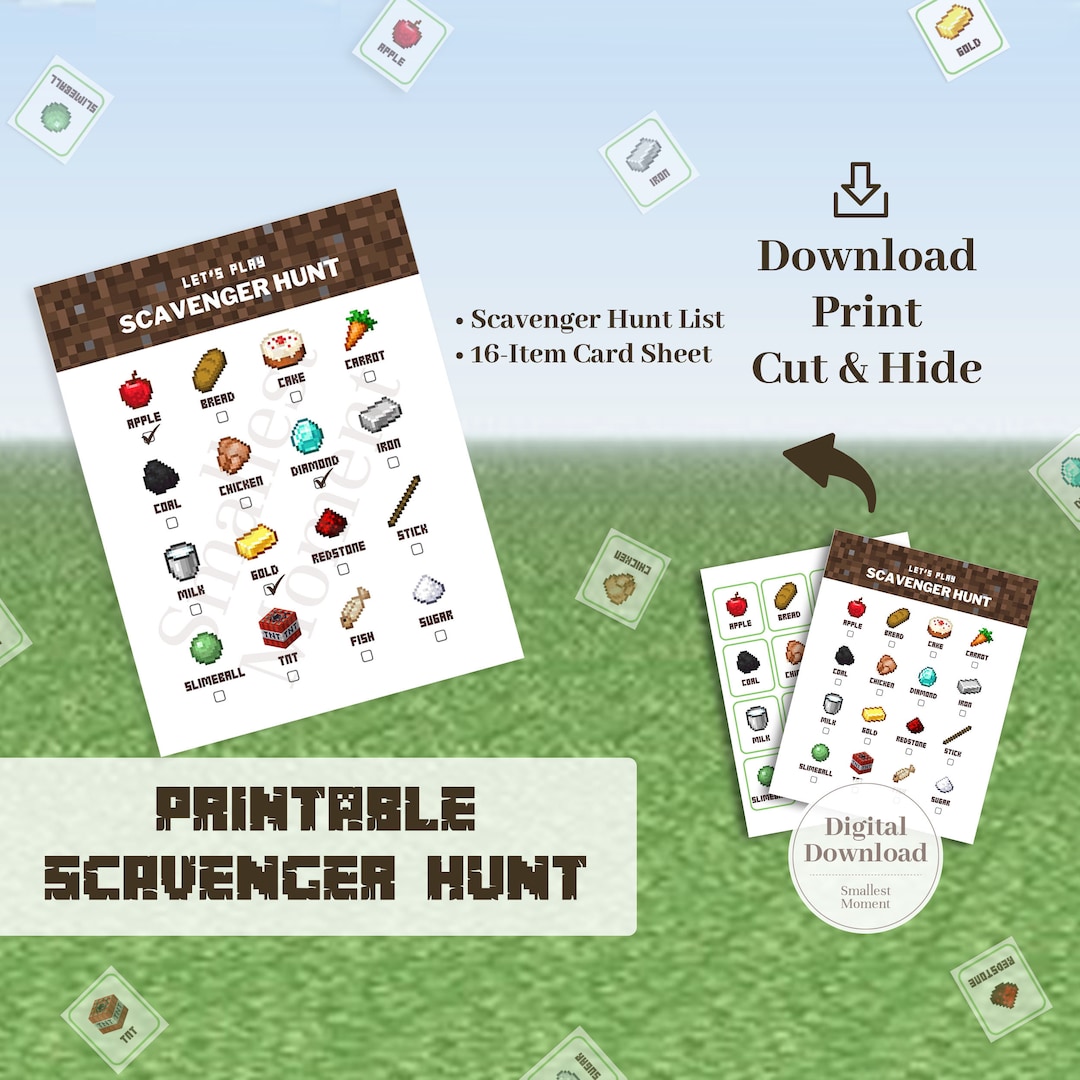Printable Minecraft Scavenger Hunt 16 Items, DIY Kids Birthday ...