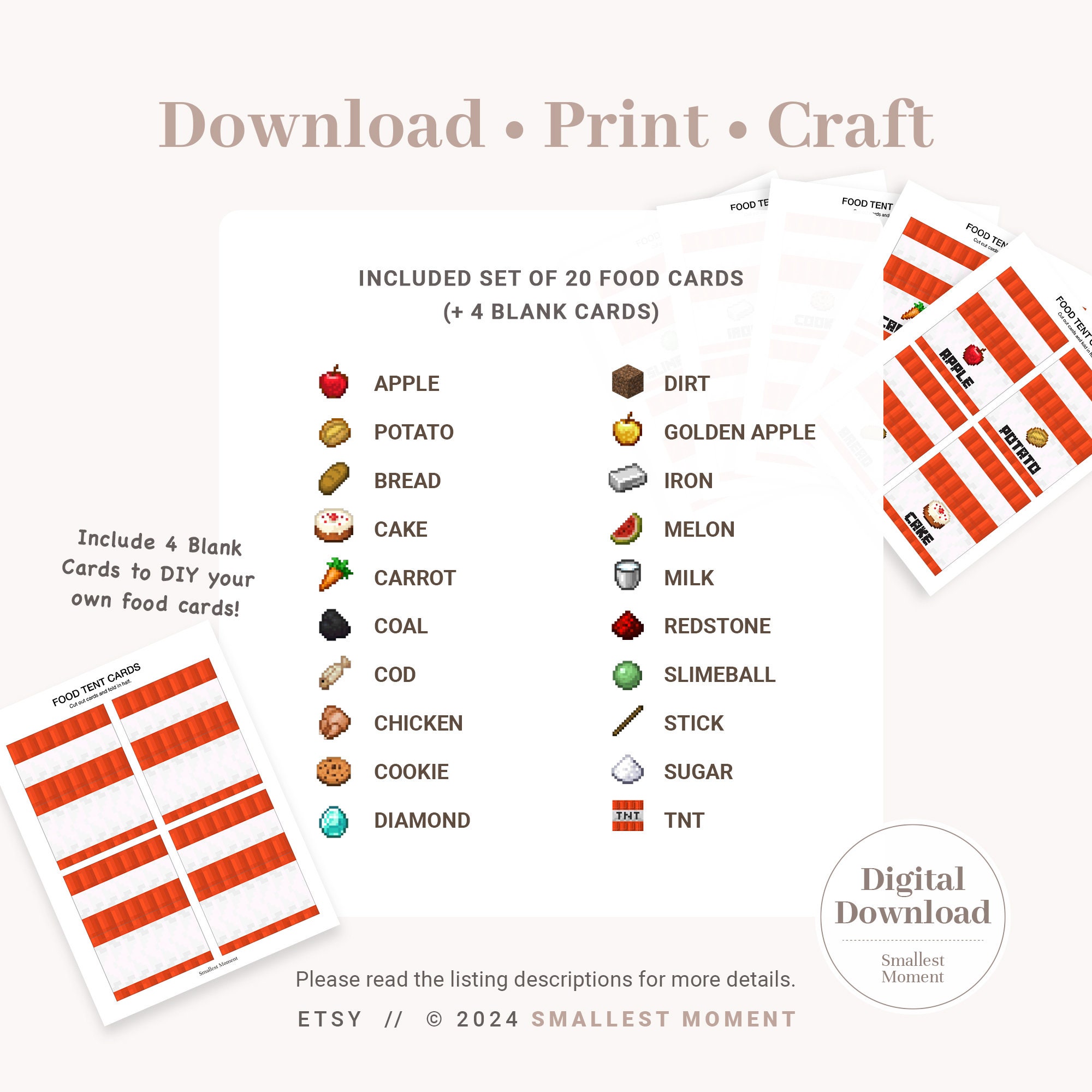 Printable Mine Food Cards, Set of 20, DIY Gift Kids Birthday Party ...