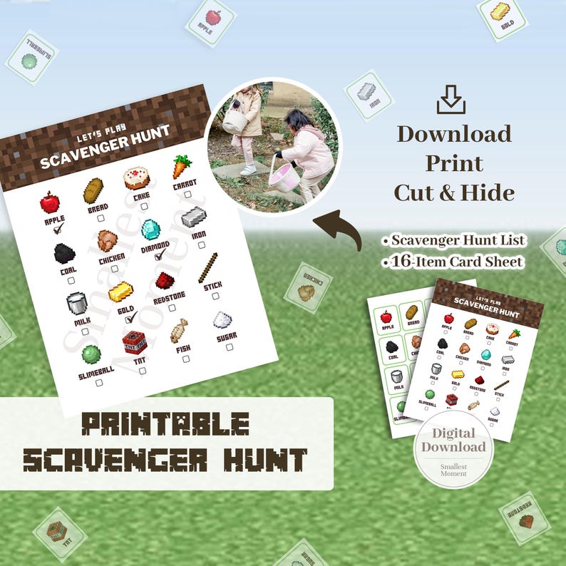 Printable Minecraft Scavenger Hunt 16 Items, DIY Kids Birthday ...