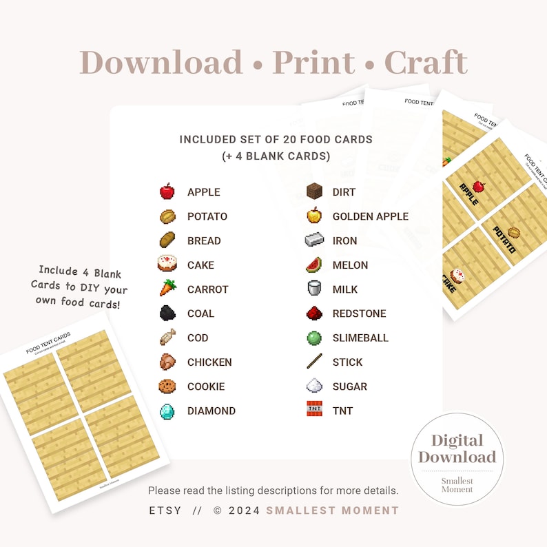 Printable Mine Food Cards, Set of 20, DIY Gift Kids Birthday Party ...