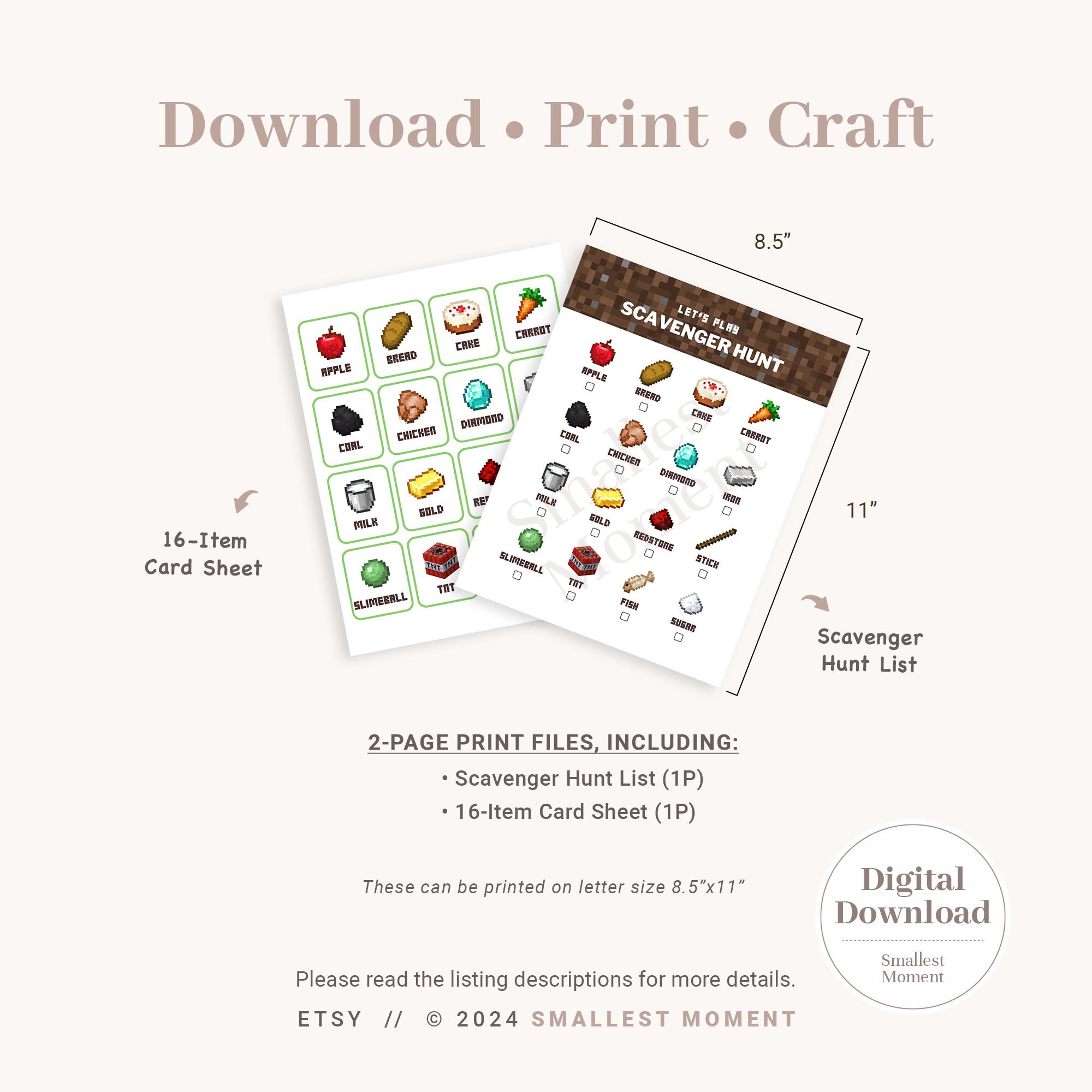 Printable Mine Craft Scavenger Hunt 16 Items, DIY Kids Birthday Party ...