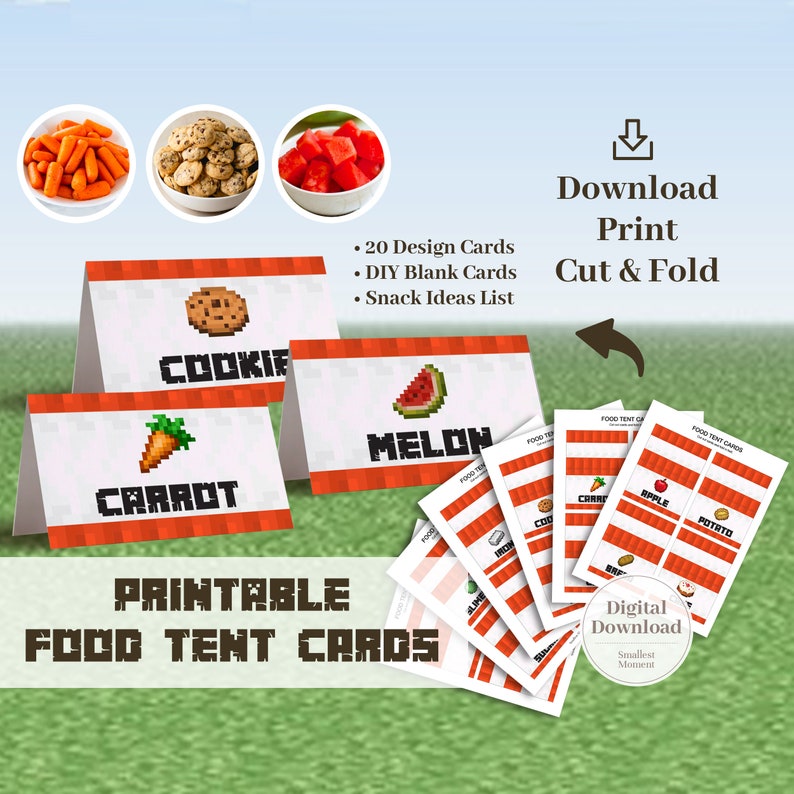 Printable Mine Food Cards, Set of 20, DIY Gift Kids Birthday Party Decor Card, Minecraft Pixel ...