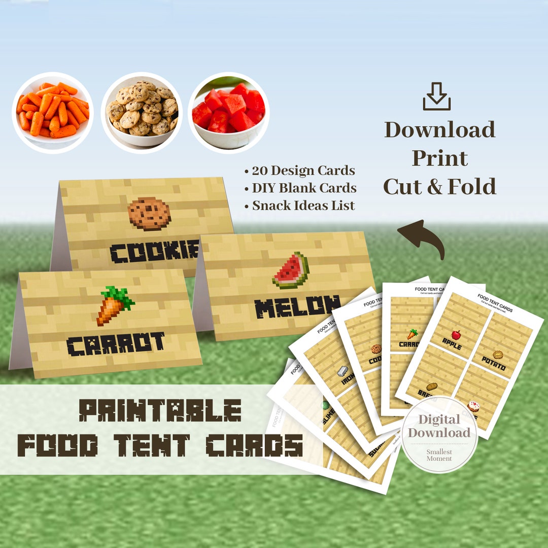 Printable Mine Food Cards, Set of 20, DIY Gift Kids Birthday Party ...