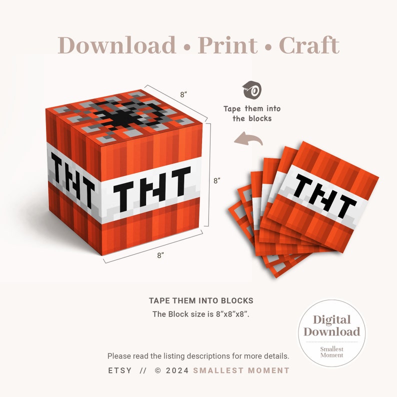 Printable Mine 8" Giant Blocks, Set of 6, DIY Blocks Gifts, Kids ...