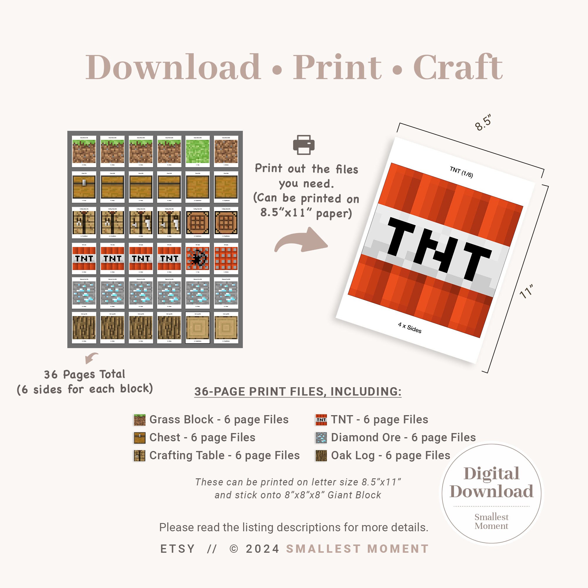 Printable Mine Block, Set of 6, DIY Building Blocks Gifts, Kids ...