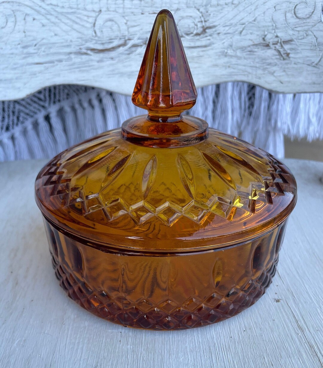 Vintage Amber Glass Candy Dish Amber Glass Jar Amber Candy Dish Vintage ...