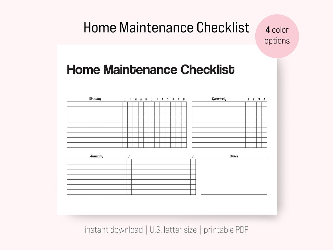 Printable Yearly Home Maintenance Checklist, Home Maintenance Checklist ...