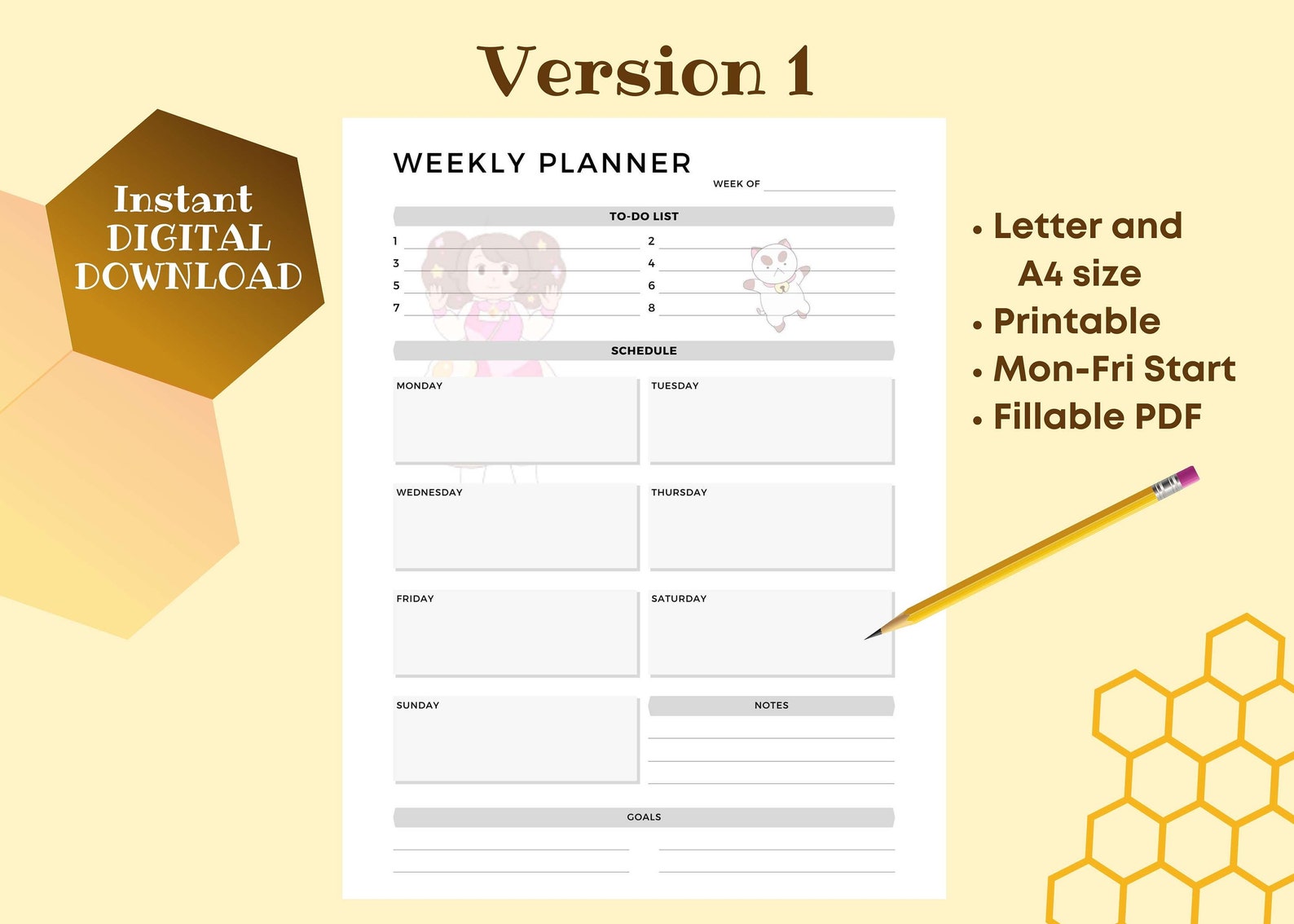 Bee and Puppycat Blank Weekly Planner 5 Versions, Printable Fillable ...