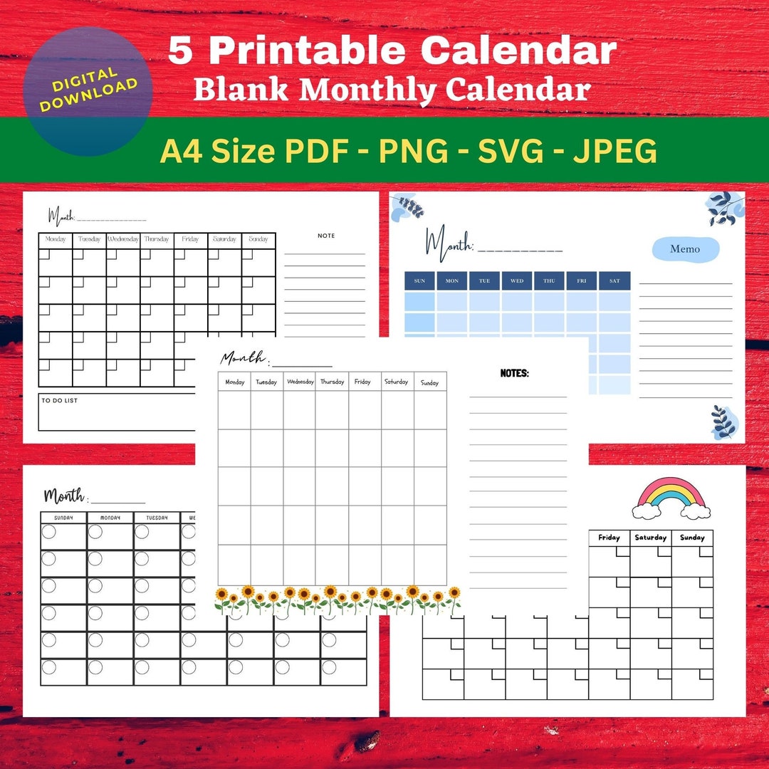 5 Blank Printable Calendar PDF A4 Size, Jpeg, SVG, PNG, Calendar ...
