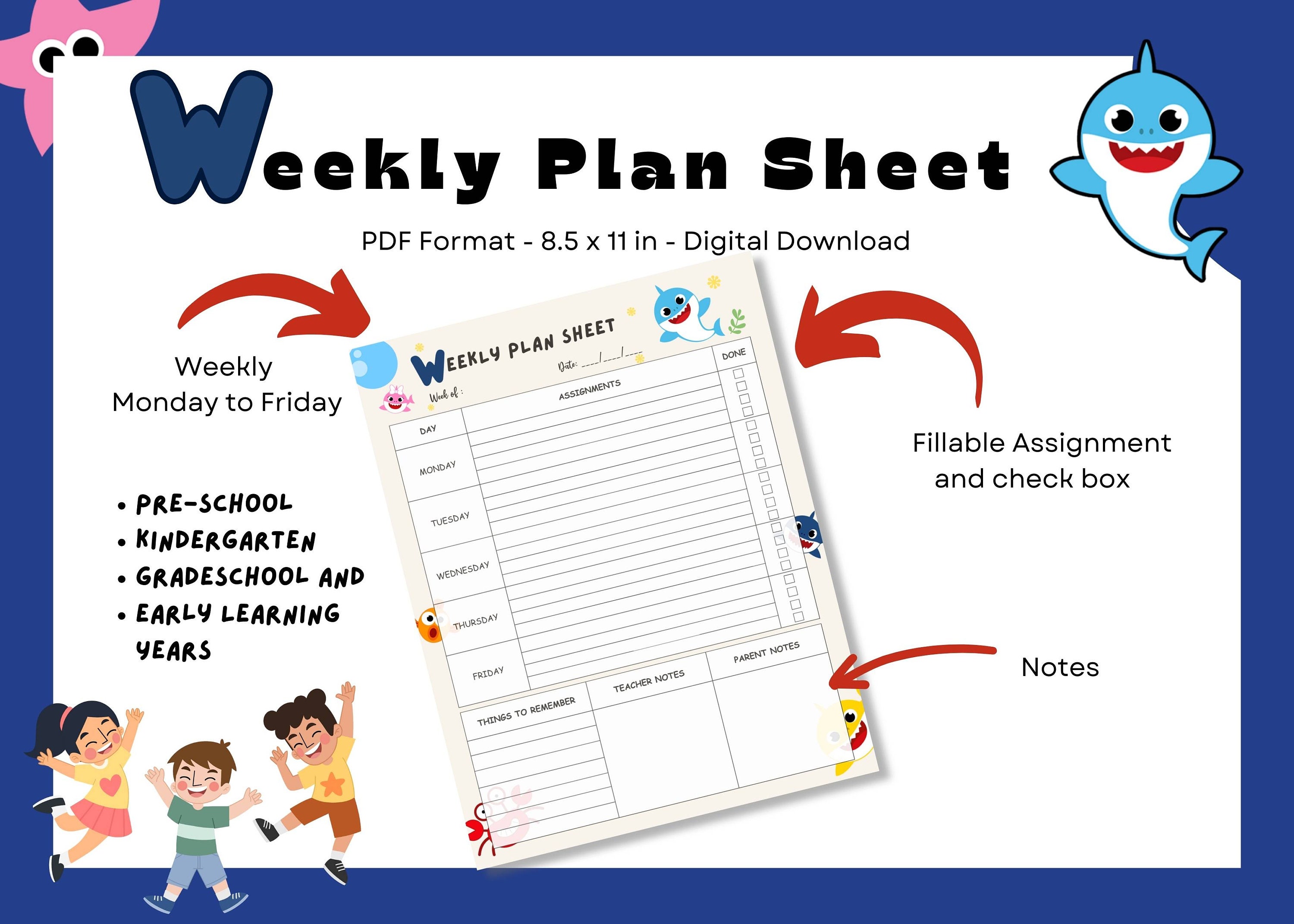 Baby Shark Printable Weekly Planner Sheet monday to Friday PDF File ...