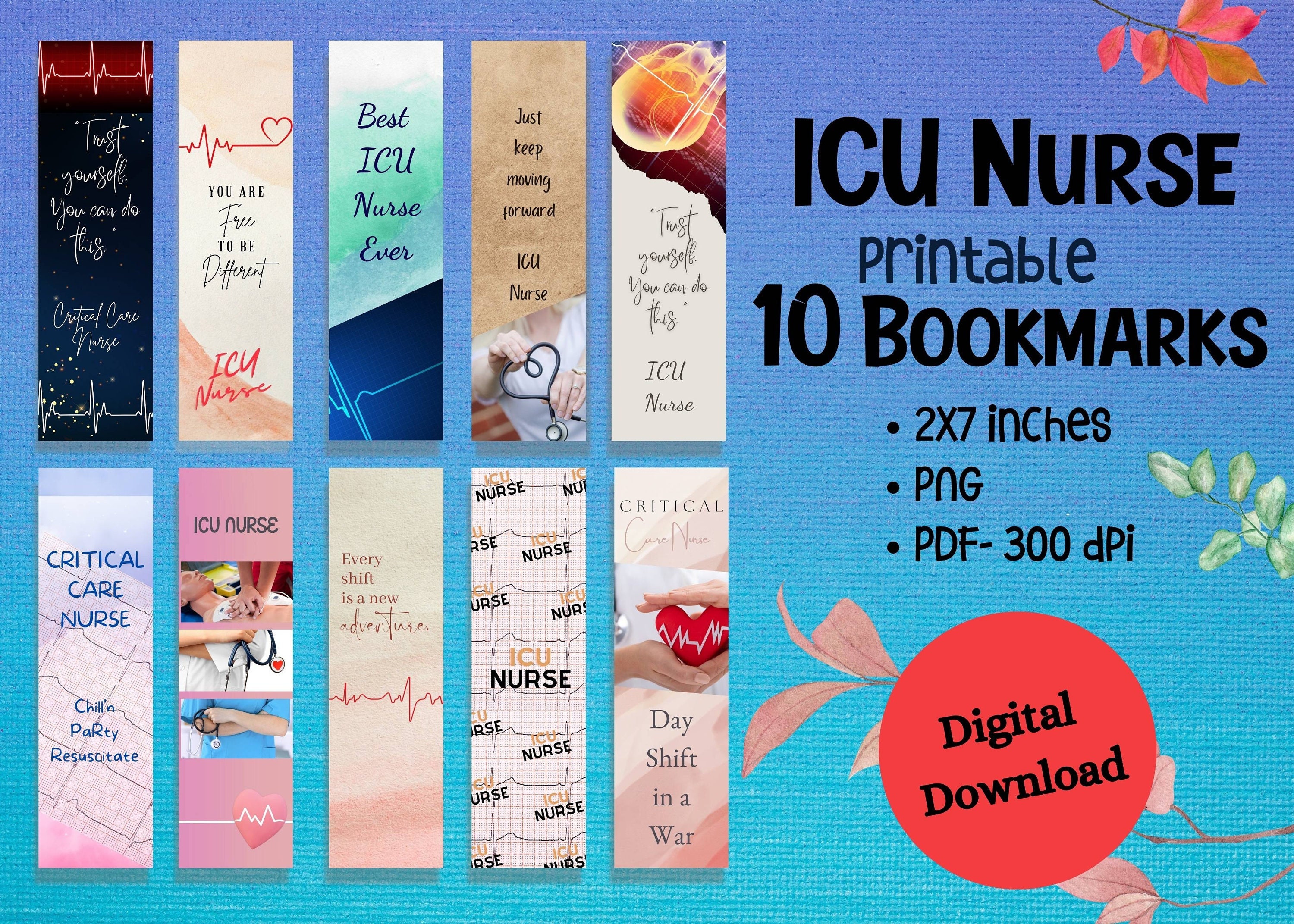 Set of 10 ICU Nurse, CVICU Nurse Printable Bookmark, Critical Care ...