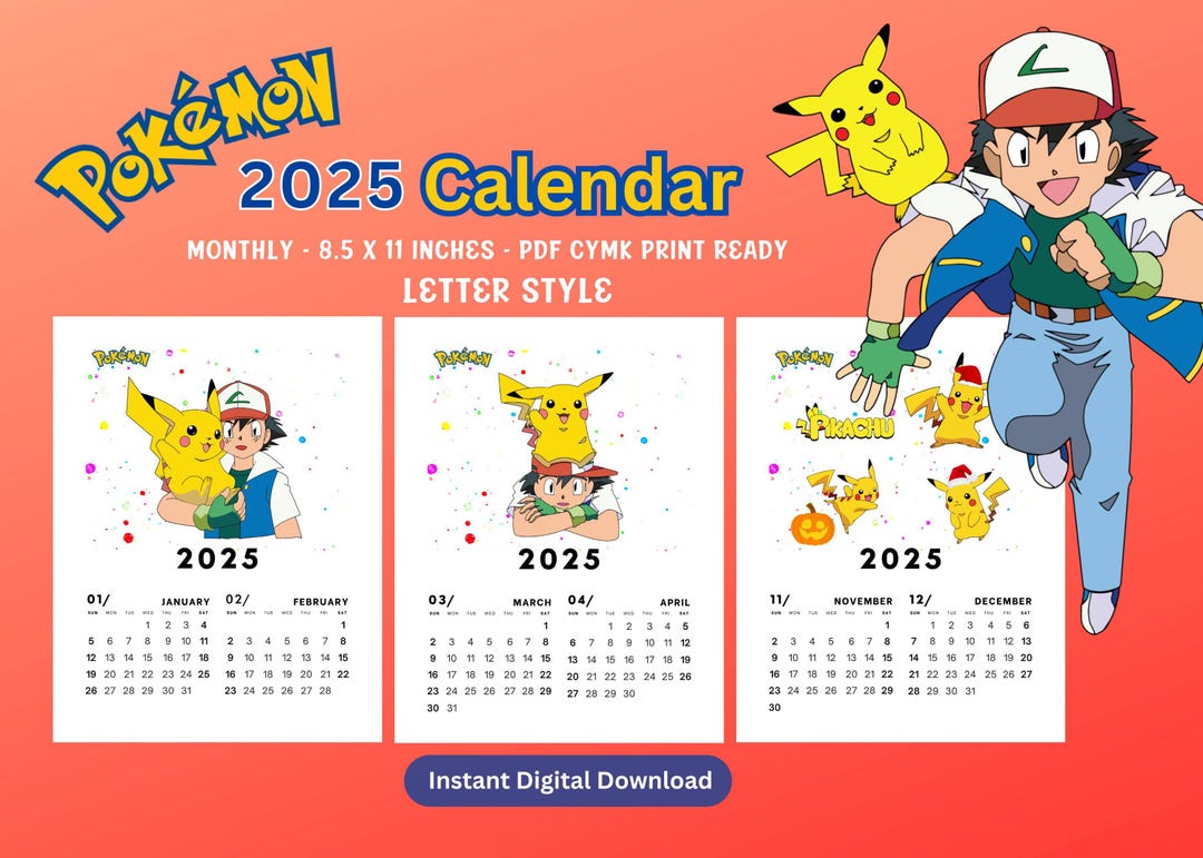 Calendario mensual imprimible en formato PDF de Pokémon 2025 ...