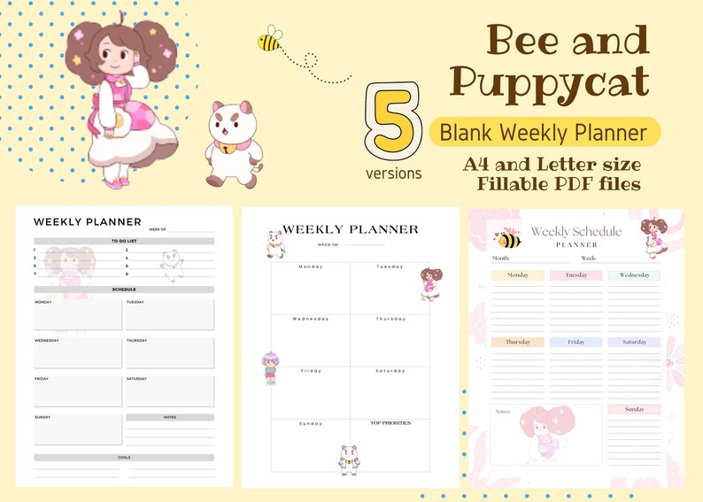 Bee and Puppycat Blank Weekly Planner 5 Versions, Printable Fillable ...