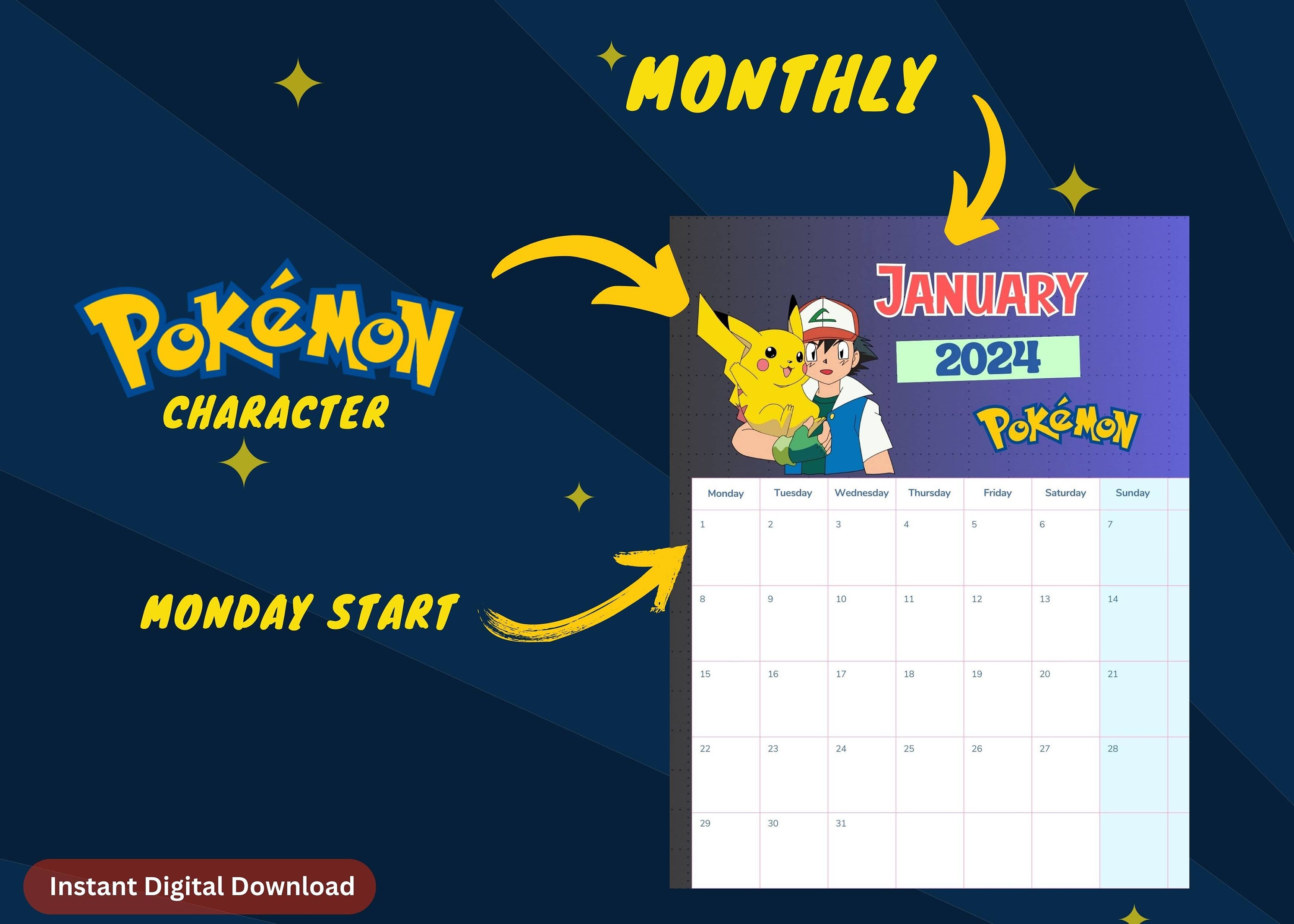 Pokémon 2024 Printable Monthly Calendar PDF Format, Pikachu Desktop ...