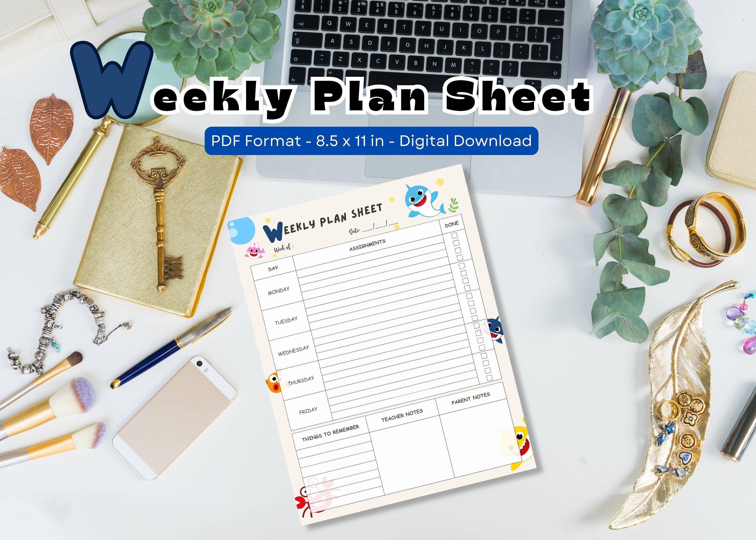 Baby Shark Printable Weekly Planner Sheet monday to Friday PDF File ...