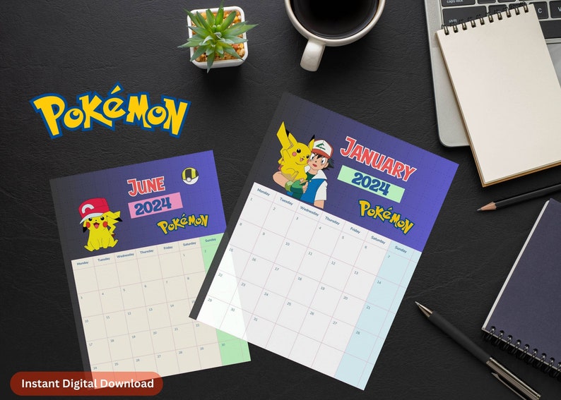 Pokémon 2024 Printable Monthly Calendar PDF Format, Pikachu Desktop ...