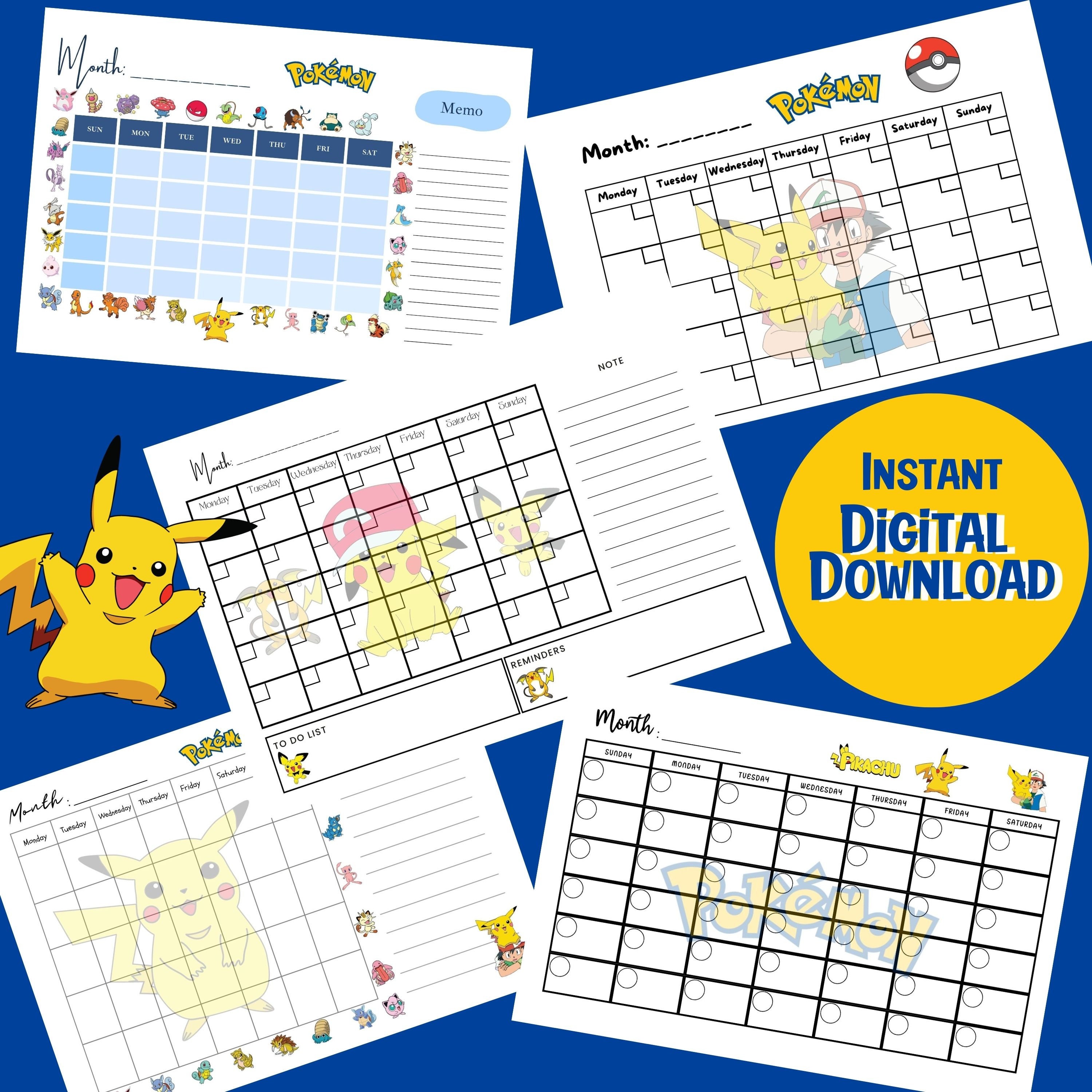 Pokemon Blank Printable Calendar Planner 5 Design, Kids Activity ...