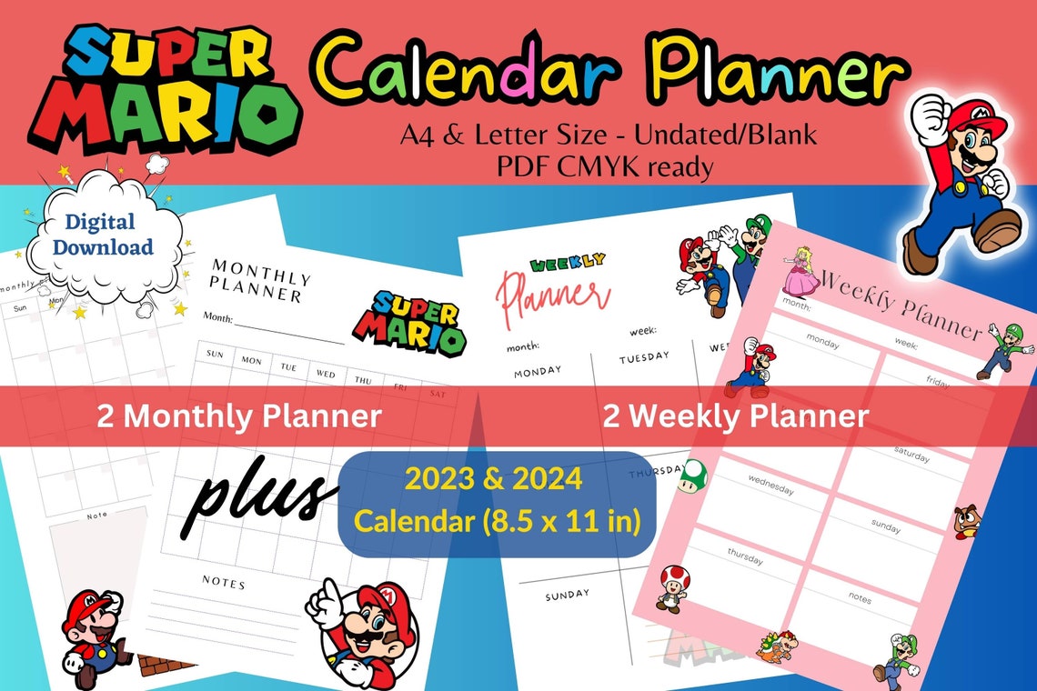 Mario Bros Calendar Planner blank/undated, Printable Desktop, Wall ...