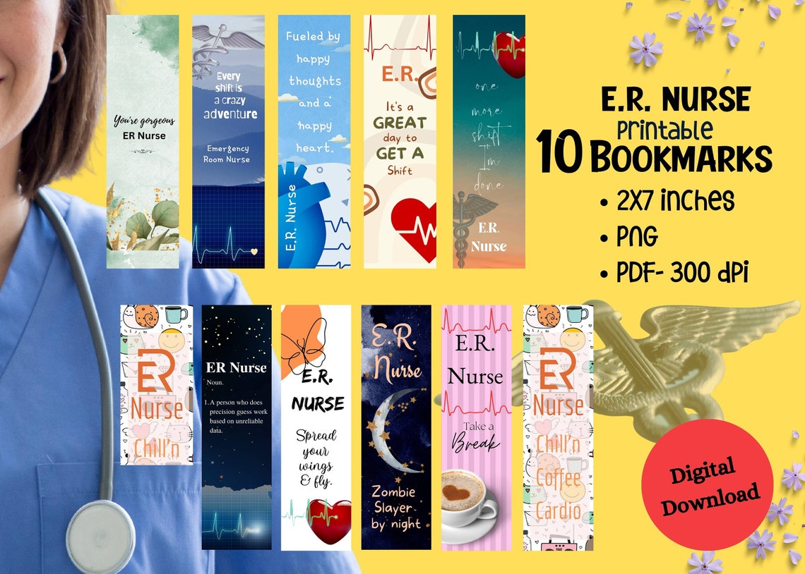 Set of 10 ER Nurse Printable Bookmark, Emergency Room Nurse, Rn/lpn ...