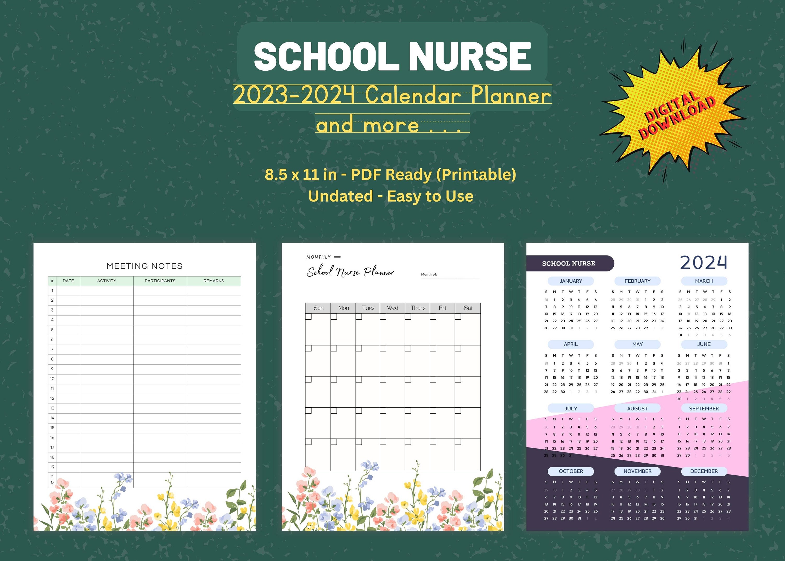 School Nurse Calendar Planner Templates undated/printable, Assessment ...