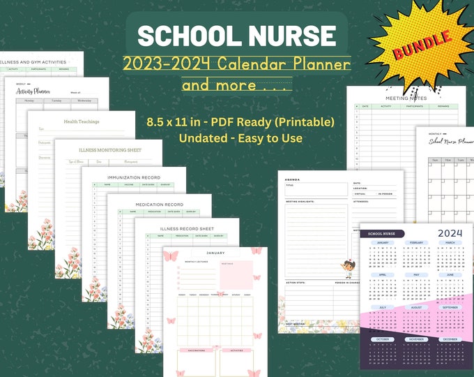 School Nurse Calendar Planner Templates (undated/printable), Assessment ...